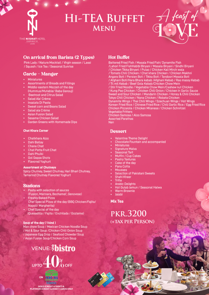 Valentine’s Hi-Tea, Dinner Buffet, & Brunch at Nishat Hotel | 2025